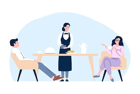 카페 나 레스토랑에서 아침 식사를하고 요리를 주문하십시오 고객과 함께 일하는 웨이터 여자 남자는 커피를 마신다 점심 회의 벡터