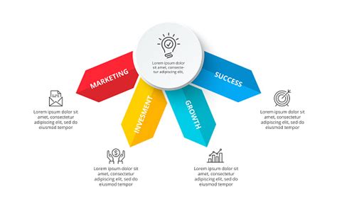 네 개의 화살표와 흰색 원으로 슬라이드 4 가지 옵션이있는 비즈니스 프로세스의 개념 데이터 시각화 및 분석을 위한 플랫 벡터