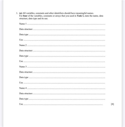1 a all variables constants and other identifiers