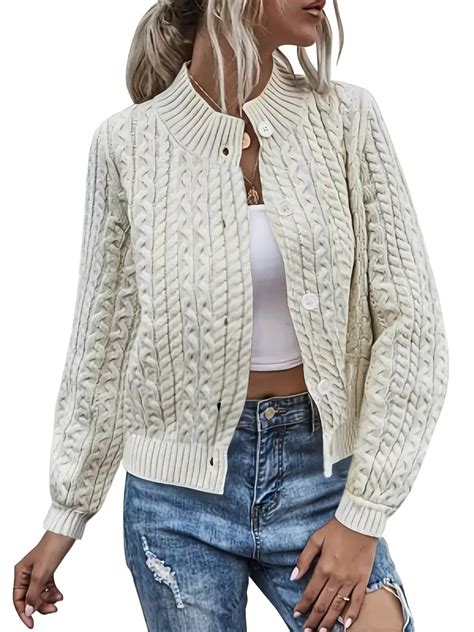 Solid Cable Knit Cardigan Elegant Button Front Long Sleeve Temu