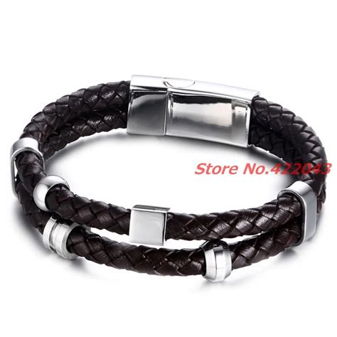 High Quality Genuine Brown Leather Bracelet Mens Stainless Steel