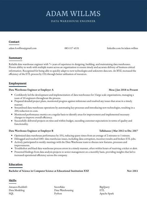 Data Warehouse Engineer Resume Cv Example And Writing Guide