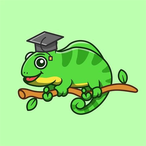 분기 만화 벡터 일러스트 레이 션에 졸업 모자와 귀여운 카멜레온 캐릭터 프리미엄 벡터