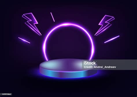 미래 지향적인 원형 파란색과 분홍색 네온 불빛 배경으로 제품 교체를 위한 빈 네온 무대 Political Party에 대한 스톡 벡터 아트 및 기타 이미지