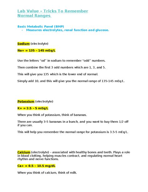 Bmp Lab Values Basic Metabolic Panel Normal Ranges Basic Metabolic Panel Bmp Measures