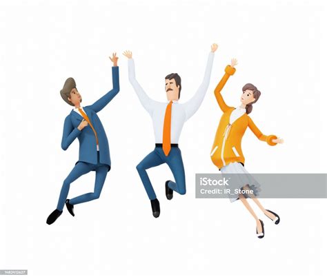 성공과 업적을 축하하는 상징으로 사무실에 뛰어드는 사업가들 3d 렌더링 그림 결정에 대한 스톡 사진 및 기타 이미지 결정