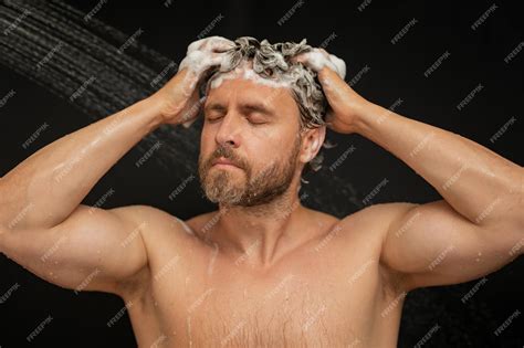 Premium Photo Man Washing Hair Closeup Portrait Bathing Shower