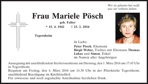 Traueranzeigen Von Mariele Pösch Mittelbayerische Trauer