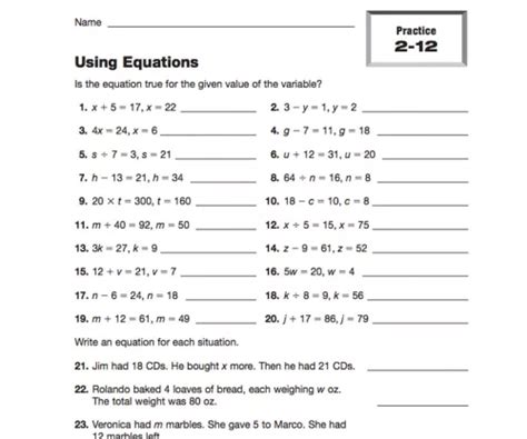 Using Equations Printable 5th 6th Grade Teachervision