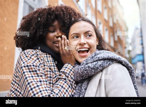 Woman Friends And Gossip In The City Whispering In The Ears For Secret