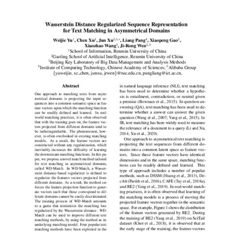 Wasserstein Distance Regularized Sequence Representation For Text Matching In Asymmetrical
