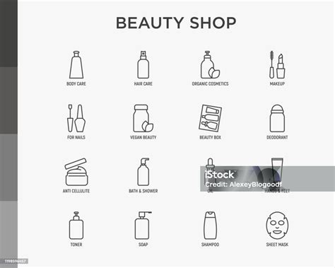 뷰티 숍 얇은 라인 아이콘 세트 스킨 케어 크림 젤 유기농 화장품 메이크업 비누 디스펜서 네일 케어 뷰티 박스 데오도란트 얼굴 오일 스크럽 샴푸 시트 마스크 현대 벡터