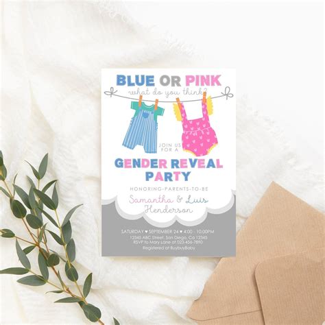 Editable Clothes Gender Reveal Invitation Clothesline Pink Blue Clothes