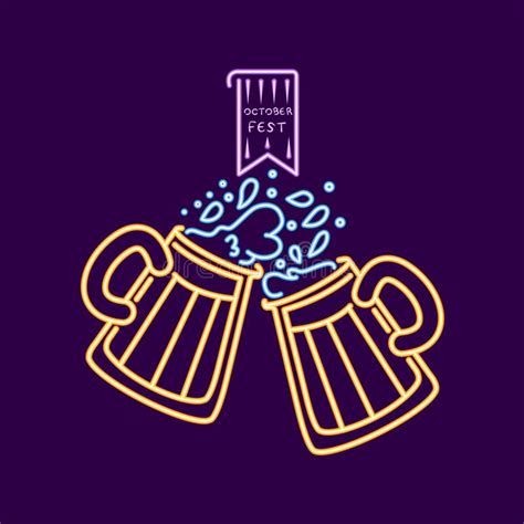 Isolated Neon Beer Glasses With Foam Oktoberfest Vector Stock Vector