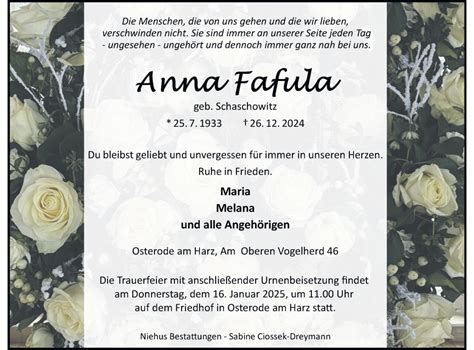 Traueranzeigen Von Anna Fafula Harztrauerde