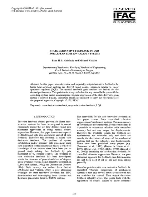 State Derivative Feedback By Lqr Pdf Matrix Mathematics Control