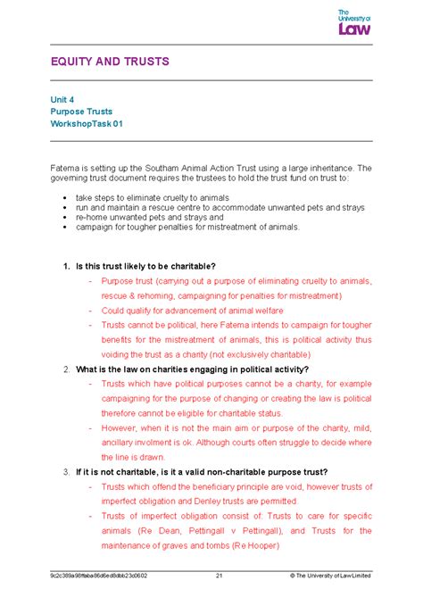 Eandt Unit 4 Task 1 Task 1 From Unit 4 Equity And Trusts Unit 4 Purpose Trusts Workshoptask 01