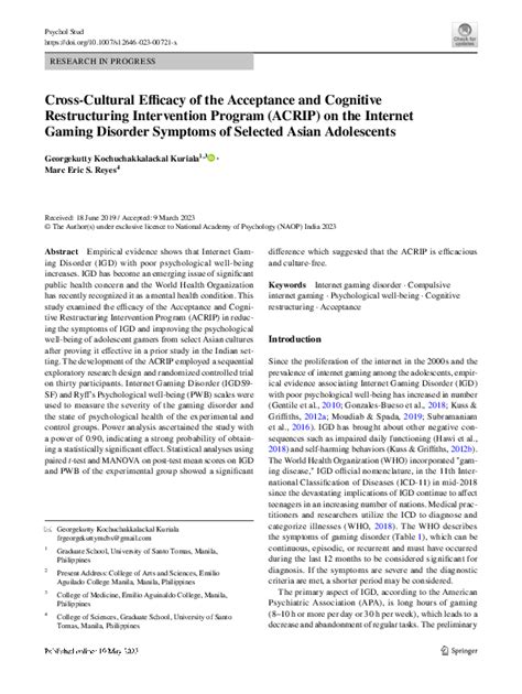 Pdf Cross Cultural Efficacy Of The Acceptance And Cognitive Restructuring Intervention Program