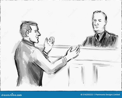Courtroom Trial Sketch Showing Judge And A Male Witness On Stand Taking