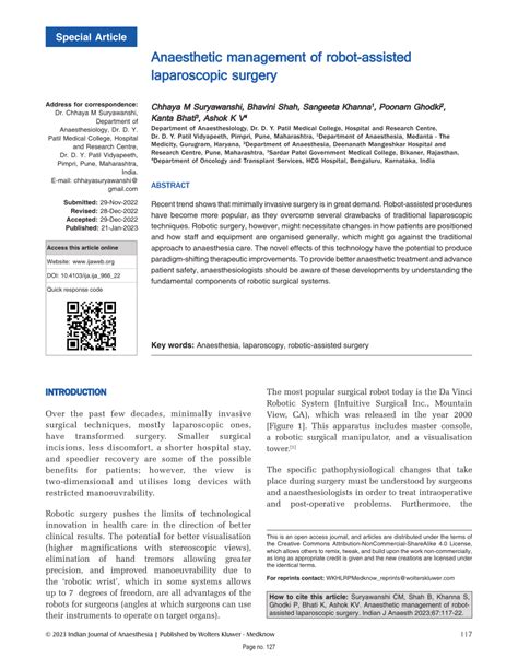 Pdf Anaesthetic Management Of Robot Assisted Laparoscopic Surgery