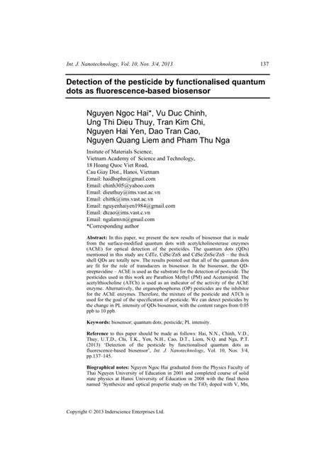 Pdf Optical Detection Of The Pesticide By Functionalized Quantum Dots As Fluorescence Based