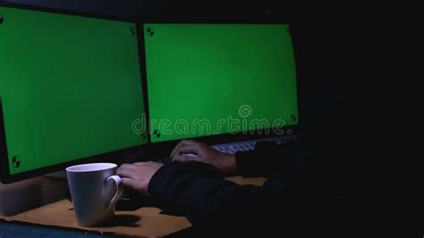 Hacker Using Clear Tablet With Hud Panel And Code Graph Bar Data Stock