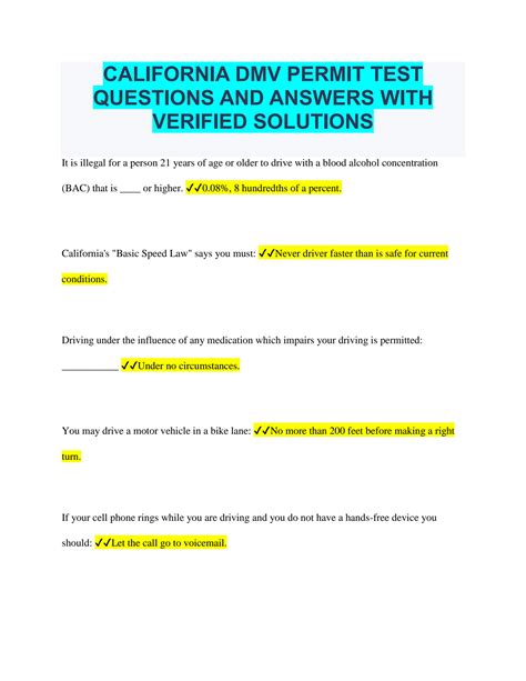 Solution California Dmv Permit Test Questions And Answers With