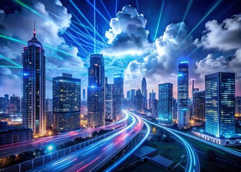 Optimized Cloud Efficiency Edge Computing Network Boosts City Nightscape Data Transmission Stock