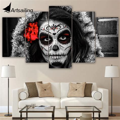 5 Pieces Canvas Painting Printed Abstract Sugar Skull Style Wall Art
