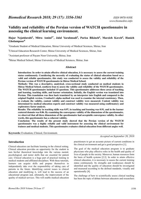 Pdf Validity And Reliability Of The Persian Version Of Watch Questionnaire In Assessing The