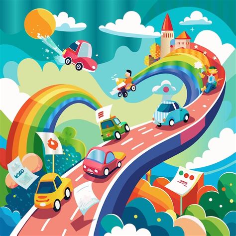Premium Vector A Colorful Cartoon Illustration Of Cars Driving Down A
