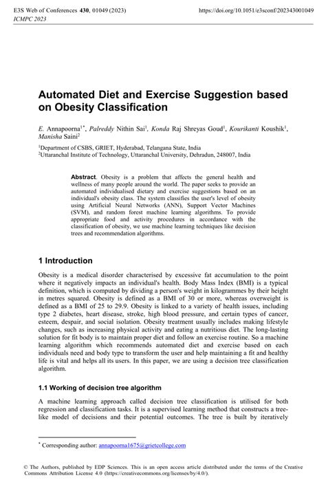 Pdf Automated Diet And Exercise Suggestion Based On Obesity Classification