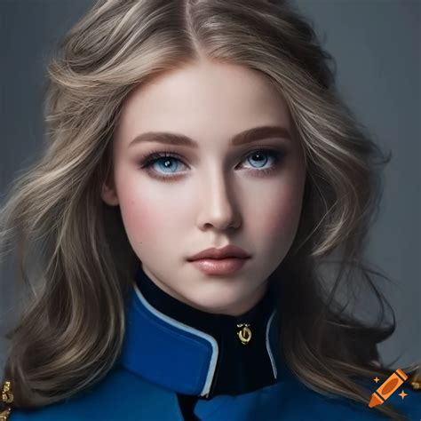 Young Female Model In 19th Century Military Uniform With Blonde Curly Hair And Blue Eyes On Craiyon