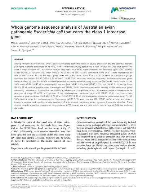 Pdf Whole Genome Sequence Analysis Of Australian Avian Pathogenic Escherichia Coli That Carry