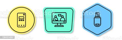 설정 회선 휴대 전화 온라인 교육 및 Usb 플래시 드라이브 컬러 셰이프입니다 벡터 Usb 케이블에 대한 스톡 벡터 아트 및