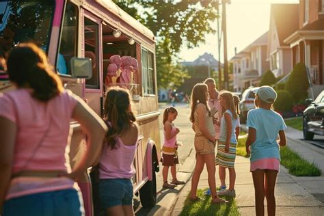 Premium Photo A Cheerful Crowd Surrounds An Ice Cream Truck Parked In