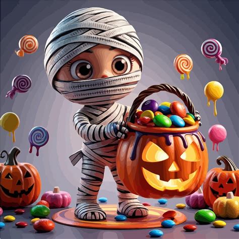 Chibi Mummys Halloween Feast Candy Overflow Premium Ai Generated Vector