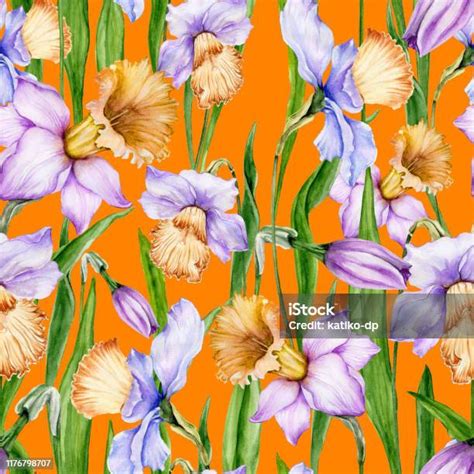 オレンジ色の背景に葉を持つ美しいナルキッソスの花シームレスな春の花柄 水彩画手描きのボタニカルイラスト壁紙テキスタイルデザイン まぶしいの