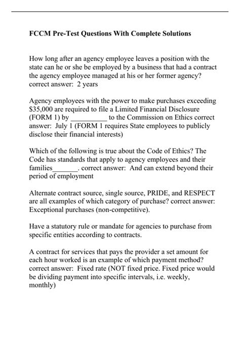 Fccm Pre Test Questions With Complete Solutions Fccm Stuvia Us