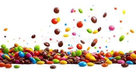 Colorful Candy Coated Chocolates Scattered And Falling White Background