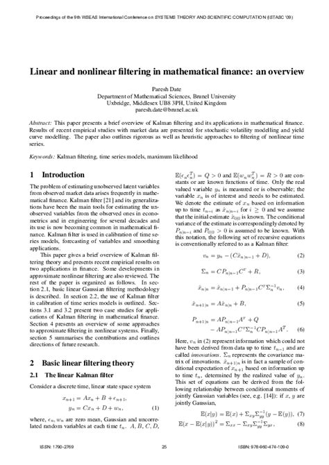 Pdf Linear And Non Linear Filtering In Mathematical Finance A Review