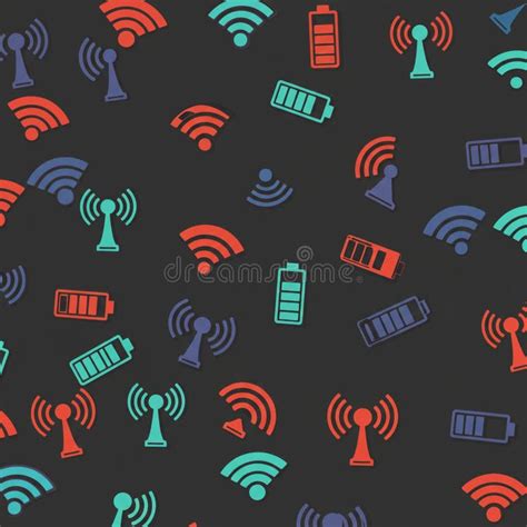 Seamless Pattern With Digital Icons On A Dark Background It Features Colorful Wi Fi Stock