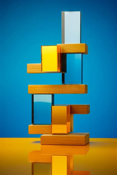 Wooden Block With Blue Background And Yellow Block Generative Ai Stock Illustration