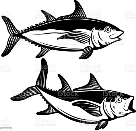 조각 스타일의 참치 물고기의 삽화 포스터 카드 배너 라벨 기호 배지 티셔츠용 디자인 요소 벡터 일러스트레이션 물고기에 대한 스톡 벡터 아트 및 기타 이미지 Istock