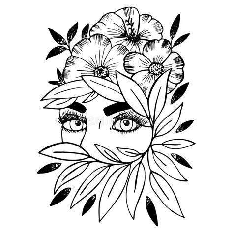 Boceto De Una Cara Femenina Con Flores Boceto En Blanco Y Negro 10