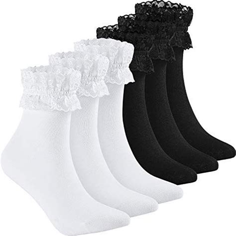 Satinior 6 Pairs Ruffle Ankle Socks Lace Frilly Socks Fashion Women