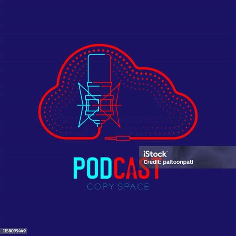 마이크 로고 아이콘 개요 스트로크 클라우드 모양 프레임 케이블 대시 라인 디자인 팟 캐스트 인터넷 라디오 프로그램 개념 일러스트 는 Podcast 텍스트와 어두운 파란색