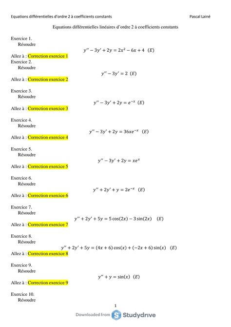 Solution Exercices Corriges Equations Differentielles Lineaires