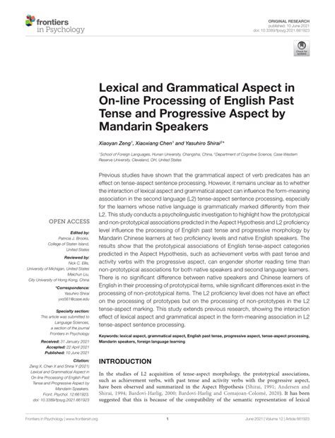 Pdf Lexical And Grammatical Aspect In On Line Processing Of English Past Tense And Progressive