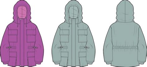 Oversized Anorak 전면 및 후면 플랫 스케치 기술 드로잉 벡터 일러스트 템플릿 프리미엄 벡터